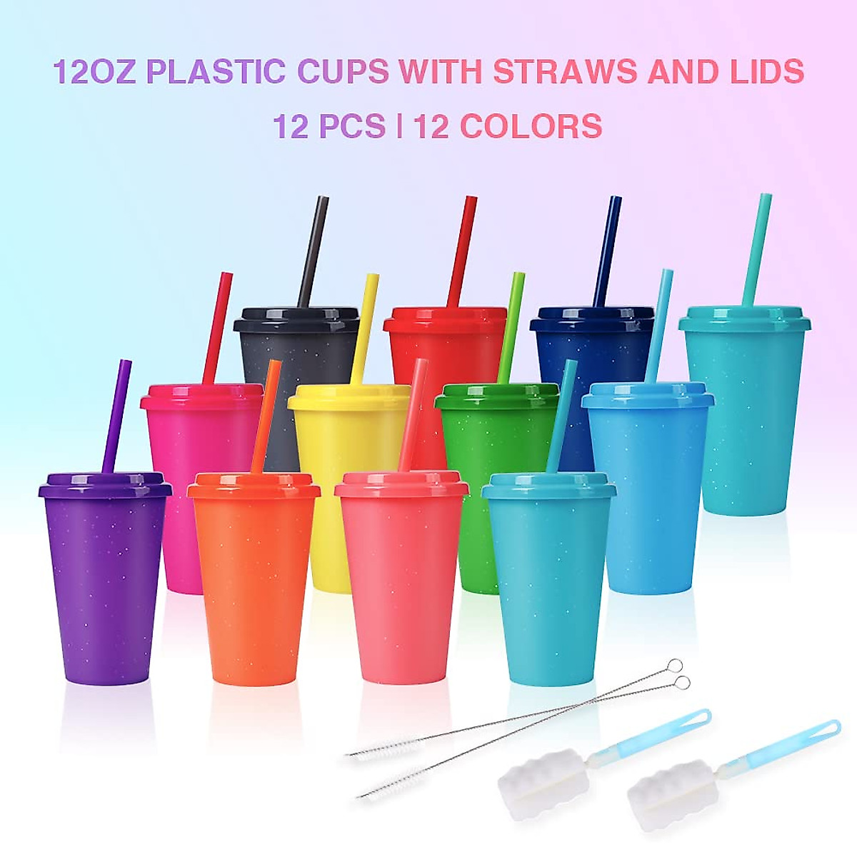 Tumblers Kids Cups with Straws & Lids: 12 Pack 12 oz Colored Reusable Plastic Drinking Cups - Cute Toddlers Cups for Cold Iced Drink - Bulk Children Travel Tumblers