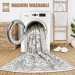 Area Rug Living Room Rugs - 5x7 Machine Washable Soft Farmhouse Boho Moroccan Floral Thin Rug Indoor Floor Carpet for Bedroom Under Dining Table Home Office Decor - Brown