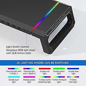 MOOJAY Monitor Stand for Desk RGB Gaming Lights with 4 USB 2.0, Foldable Computer Screen Riser with Storage Drawer and Phone Holder, Desk Organizer Laptop Stands Shelf, for PC/Laptop/iMac - Black