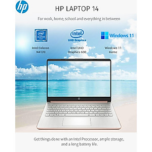 HP Newest Laptop Computer, 14” HD Light PC, Intel Quad-Core Celeron N4120, 8GB DDR4 RAM, 192GB Storage, 1-Year Office 365, Windows 11, Long Battery Life, Webcam, USB-C, Wi-Fi 5, HDMI, Rose Gold, PCM