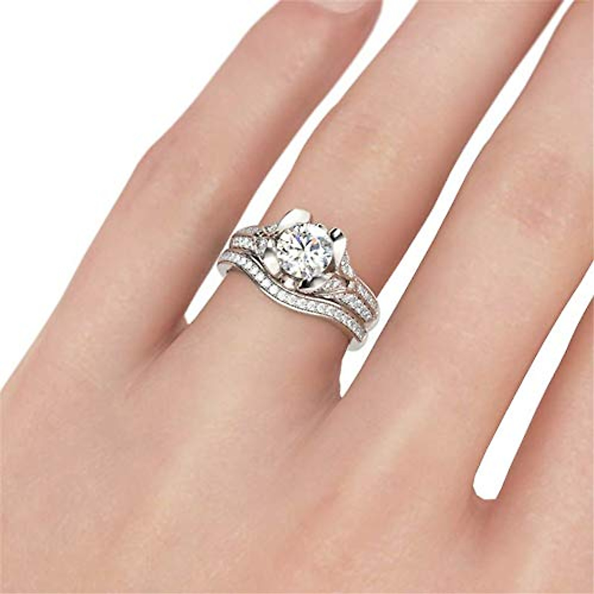 Jeulia Sterling Silver Round Cut Ring Tulip Flower Bridal Set Cubic Zirconia Simulated Diamond Engagement Rings Solitaire Wedding Promise Rings with Jewelry Box (7.5)