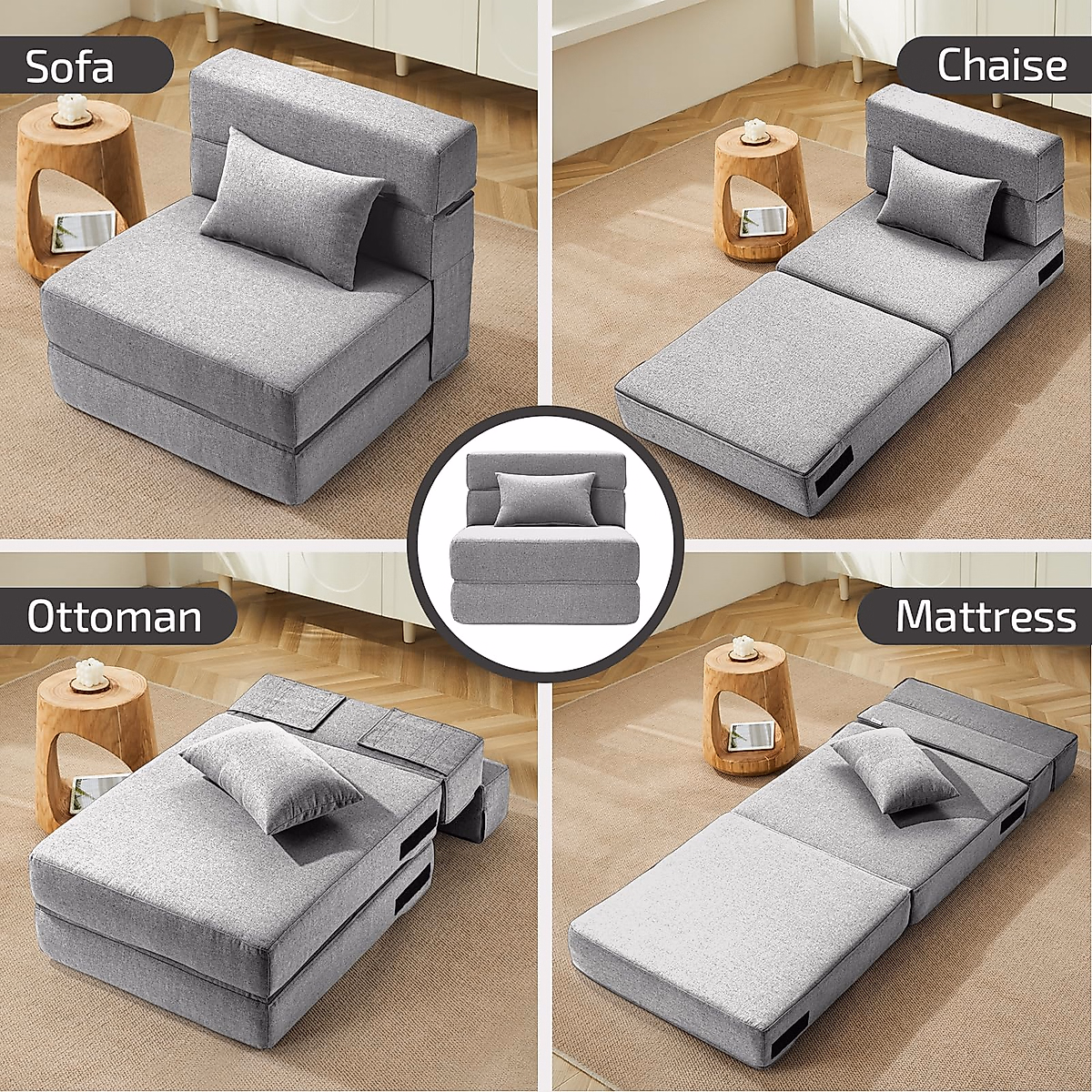 SUYOLS Folding Sofa Bed with Pillow- Convertible Chair Floor Couch & Sleeping Mattress - Foldable Memory Foam Sleeper for Living Room/Dorm/Guest Room/Home Office/Apartment/Upstairs Loft, Light Grey