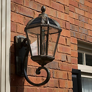 GAMA SONIC Solar Outdoor Wall Light, Royal Bulb Exterior Sconce Lamp, Weathered Bronze Finish Aluminum, Beveled Glass, Warm White LED with Omni-Direction Reflector, 98B310 (Upgraded Panel and Battery)