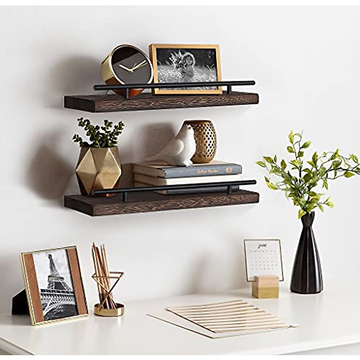 AKKO Floating Shelves for Wall, Set of 2 Rustic Wood Wall Mounted Storage Shelves, Perfect Home Decor for Bathroom, Farmhouse, Kitchen, Bedroom and Living Room