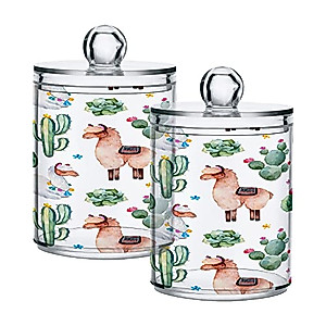 Nander 2Pack Qtip Holder Dispenser -Llama Cactus Clear Plastic Apothecary Jars Set - Restroom Bathroom Makeup Organizers Containers for Cotton Swab, Ball, Pads, Floss