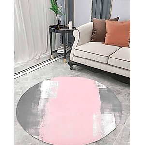 Contemporary Fluffy Round Area Rug Carpets 3.3ft, Plush Shaggy Carpet Soft Circular Rugs, Non-Slip Fuzzy Accent Floor Mat for Living Room Bedroom Nursery Pink Grey Abstract Minimalist Painting Art