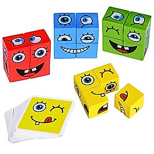 ERUGI Wooden Expressions Matching Block Puzzle Educational Games Montessori STEM Toy for Kids Preschool Ages 3 Years and Up,Face-Changing Cube Building Blocks (16 Blocks, 64 Cards)