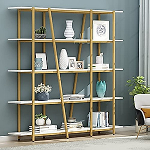 Gyfimoie Book Shelf and Bookcase, Gold Triple Wide 5 Tiers Large Open Bookshelf, 70.87" W x 70.87" H Etagere Bookcases for Home Office Decor, Easy Assembly (White+Gold)