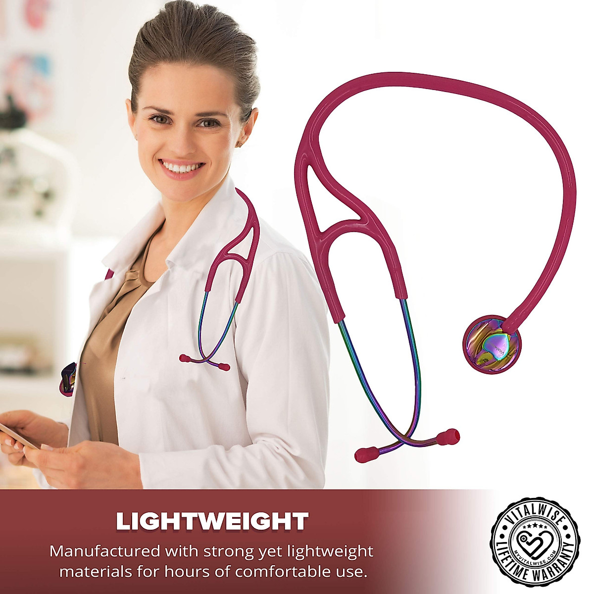 VITALWISE Heart Shaped Rainbow and Vibrant Pink 28 Inch Cardiology Stethoscope with Personalizable Spare Parts and Pink Case, Great for a Nurse, EMT, Vet, Doctor