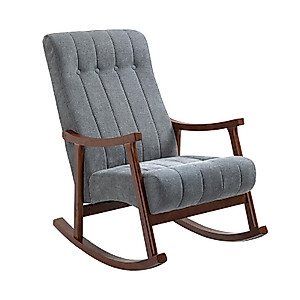 AVAWING Upholstered Rocking Chair with Fabric Padded Seat,Comfortable Rocker Solid Wood for Living Room,Modern High Back Armchair,Adult Single Sofa,Old Man Chair (Dark Grey)