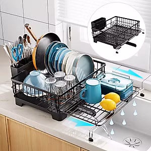 GSlife Expandable Dish Drying Rack - Large 2-in-1 Dish Racks for Kitchen Counter and Sink, Sink Dish Drainer with Drainboard, 2 Pan Slots and Utensil Holder, Black