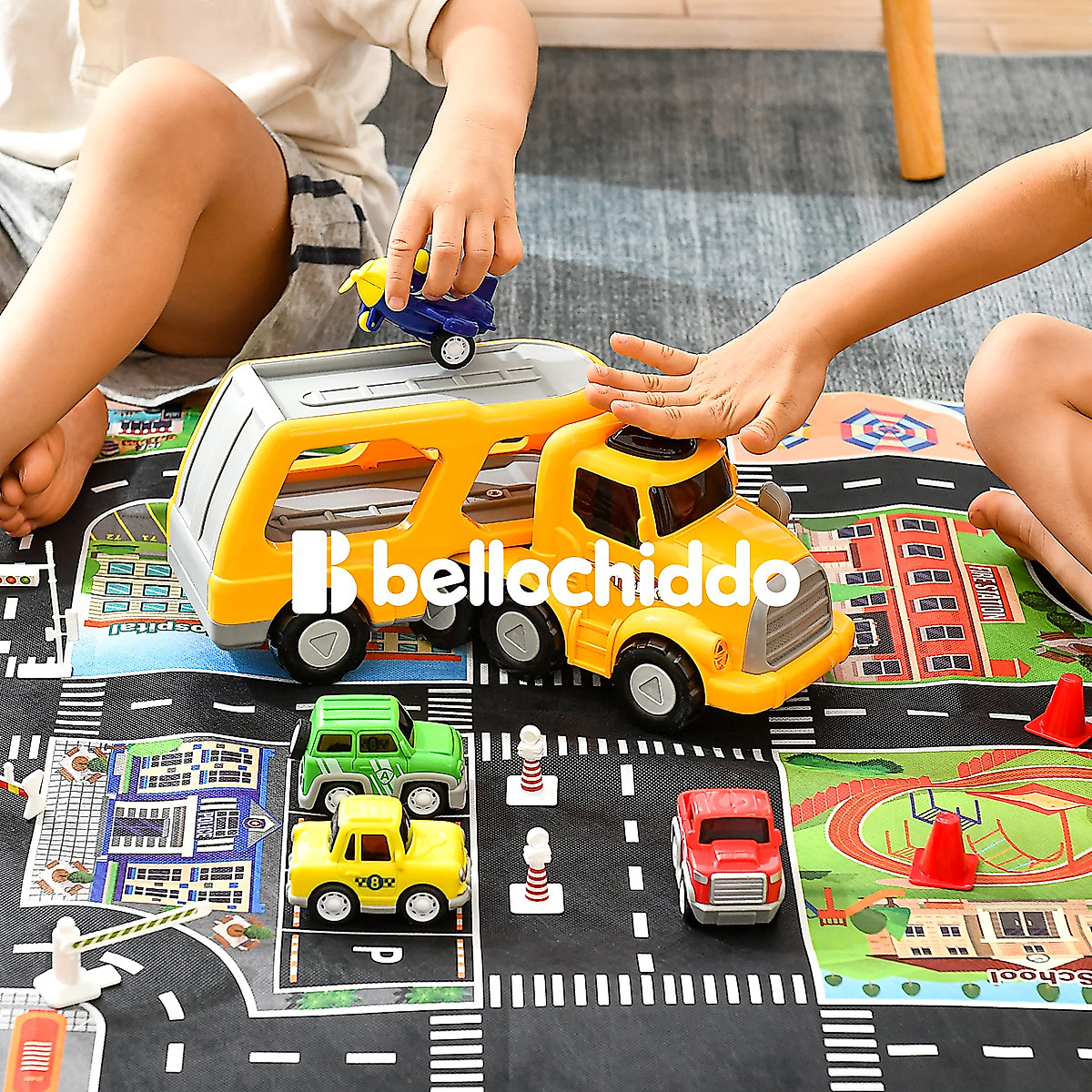 BELLOCHIDDO Toddler Toys Car for 2 3 4 5 6 Year Old Boys - STEM Educational Construction VehicleToys with Play Map - Transport Carrier Truck for Kids with Light Sound, Gift Car Toys for Toddlers 1-3
