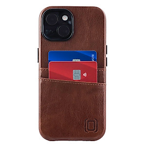 Dockem Card Case for iPhone 15 with Built-in Metal Plate for Magnetic Mounting & 2 Card Holder Pockets: Exec M2 Premium Synthetic Leather Wallet Case (iPhone 15, Brown)