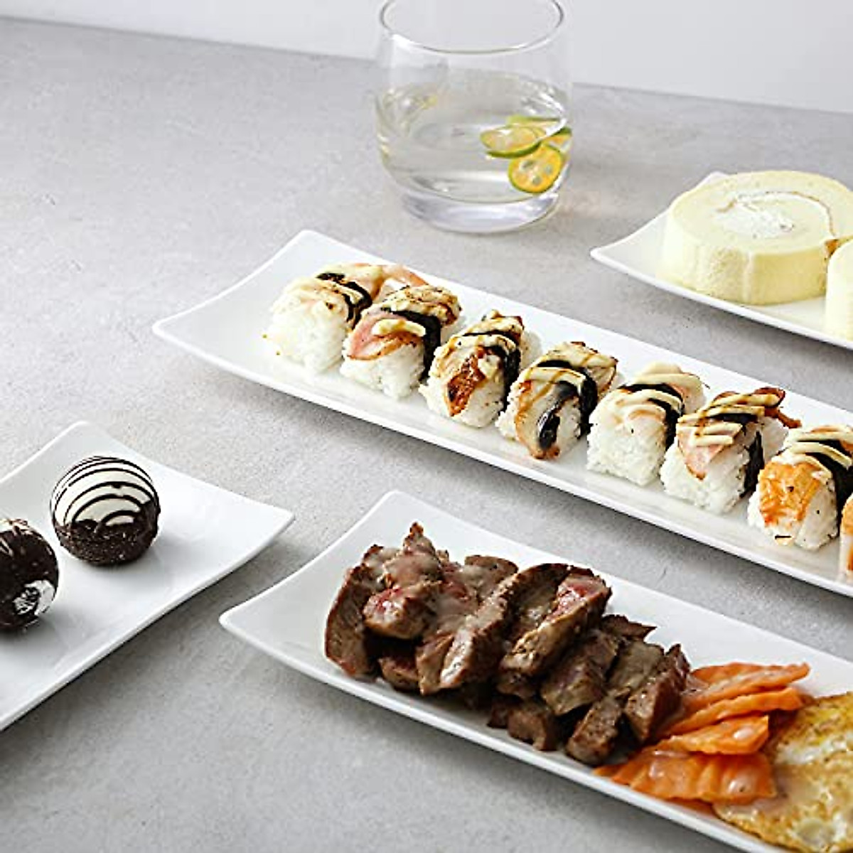 DOWAN (Set of 8) 14" Porcelain Sushi Plate for Appetizer, Meat, Dessert, Dishwasher&Oven Safe & DOWAN 12" Rectangle Serving Plates, for Thanksgiving Appetizers, Snacks, Lunch, Chips, Party