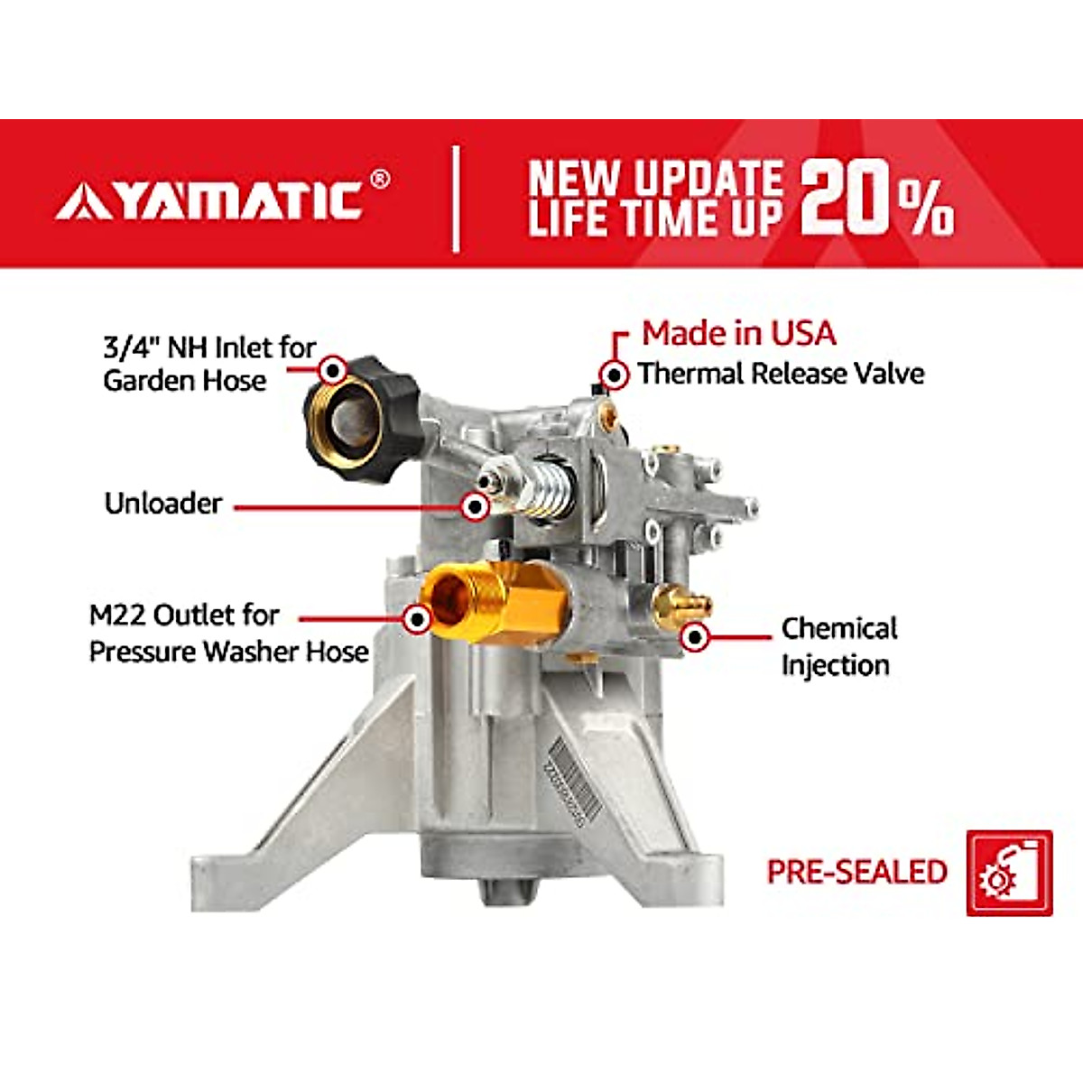 YAMATIC 7/8" Shaft Vertical Pressure Washer Pump 3000 PSI @ 2.5 GPM Replacement Pump for Power Washer, Replacement with Troybilt, Craftsman, Ryobi, Honda, Rear Facing Inlet/Outlet