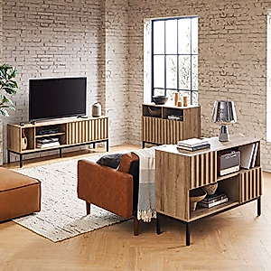 Mopio Norwin 64" TV Stand for Televisions up to 70", Modern Industrial Farmhouse Entertainment Center, TV Console, with Storage Shelves, Sturdy Metal Legs, Sliding Door, & Leveler for Living Room, Oak