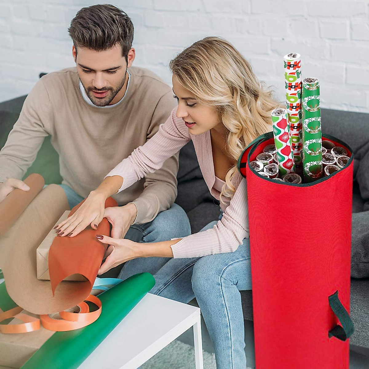 Primode Wrapping Paper Storage Bag | Wrapping Paper Organizer Under Bed for Storing Multiple Rolls of Gift Wrap, 40” Length Container Constructed of Durable 600D Oxford Material (Red)