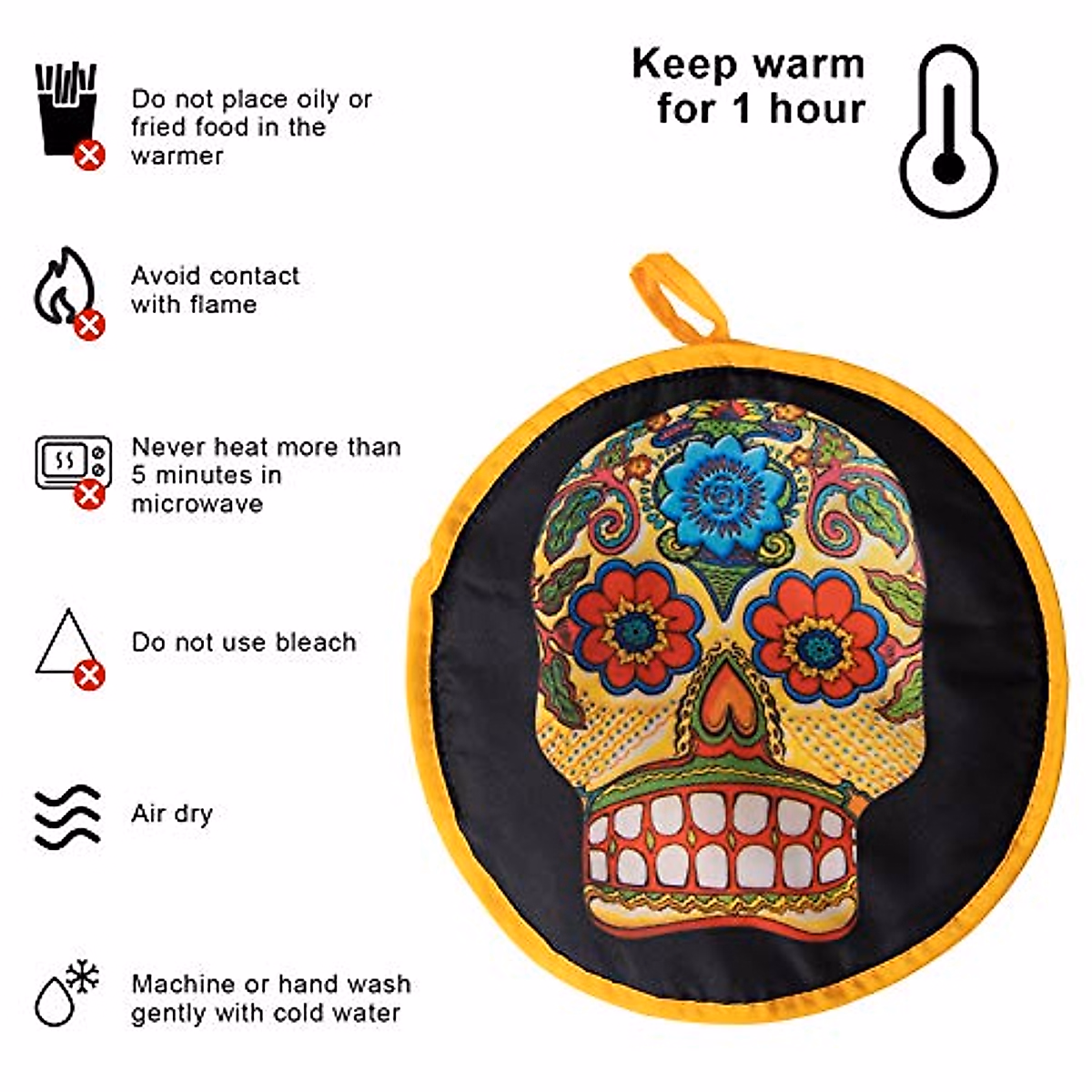 Nattork 10 Inch Tortilla Warmer -Insulated Fabric Pouch - Keeps warm for 1 hour (10", skull x 1pcs)