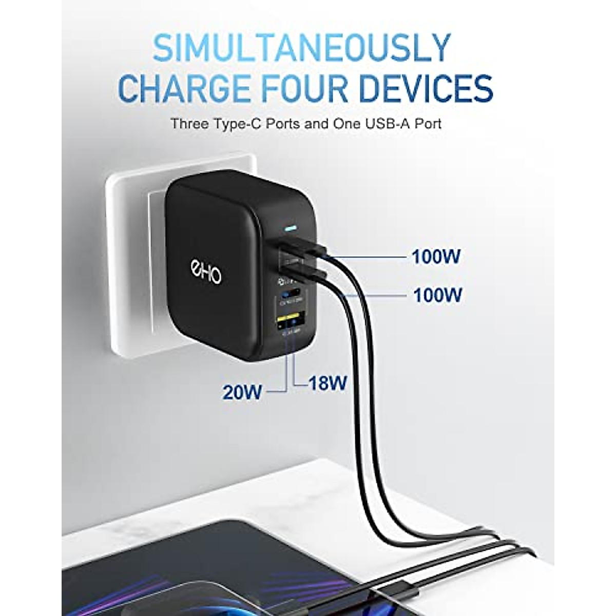 USB C Wall Charger, 100W PD 3.0 PPS 4-Port GaN III Fast Charger Type C Charging Station Foldable Power Adapter Travel Charger Block Compatible w/MacBook, Laptop, iPad, iPhone, Samsung and More-Black