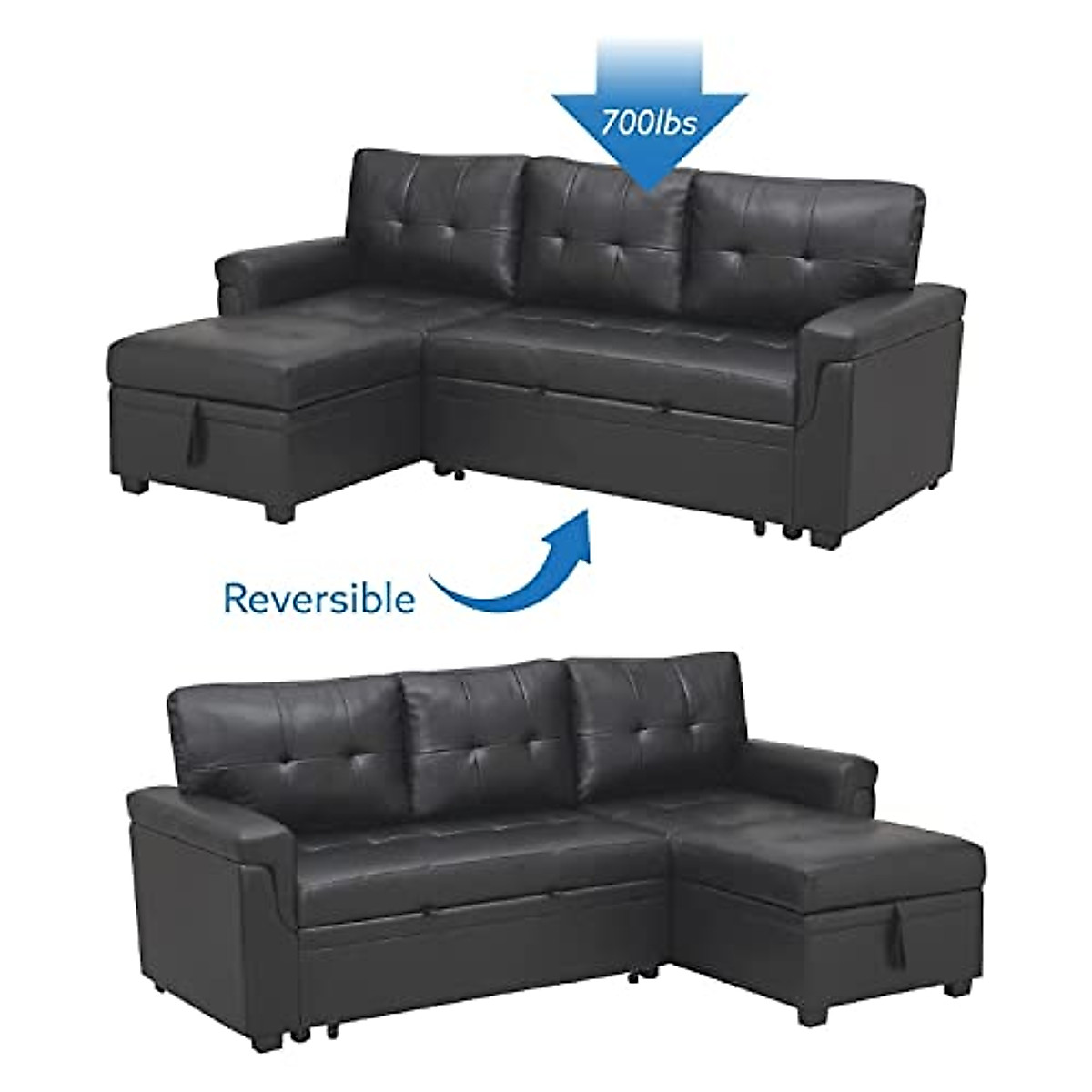 Perry Modern Sectional Sleeper Sofa with Pull Out Bed, Reversible Sleeper Sectional Sofa Bed, Best Sleeper Sofa Couch with 168L Storage, L-Shape Pull Out Couch Bed Sleeper Sofa - Black,Air Leather