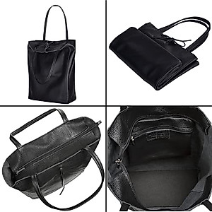 TAKEASY Women's Genuine Leather Italian Tote Bag with Zipper - Large Handbag for Shopping, Work and Travel (Black)