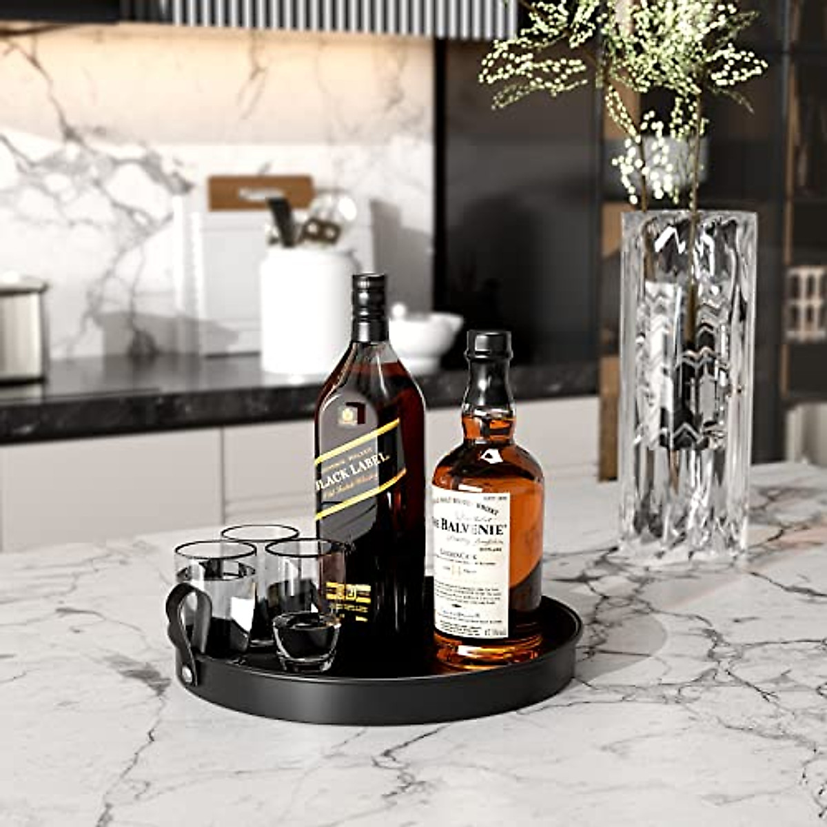 EKNITEY Circle Decorative Serving Tray - Round Vanity Tray, Bathroom Tray for Jewelry, Perfume, Coffee, Candle, Cosmetic (Black,10.6")