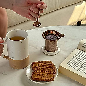 Mora Ceramics Tea Cup with Loose Leaf Infuser, Spoon and Lid, 12 oz, Microwave and Dishwasher Safe Coffee Mug - Rustic Matte Ceramic Glaze, Modern Herbal Tea Strainer - Great Gift for Women, Petro