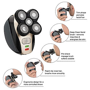 Electric Razor for Men & Grooming Kit, 5 in 1 Bald Head Rotary Razor LED Waterproof USB Rechargeable Cordless Electric Shavers with Clippers Nose Hair Beard Trimmer Facial Cleaning Brush