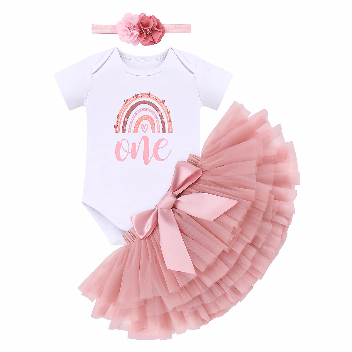 Baby Boho Rainbow 1st Birthday Outfit Toddler Girl Cake Smash Romper Tutu Skirt with Diaper Covers Flower Headband Photo Shoot Hippie Bohemian Themed First Birthday Party Supply One 1 Year Dusty Pink