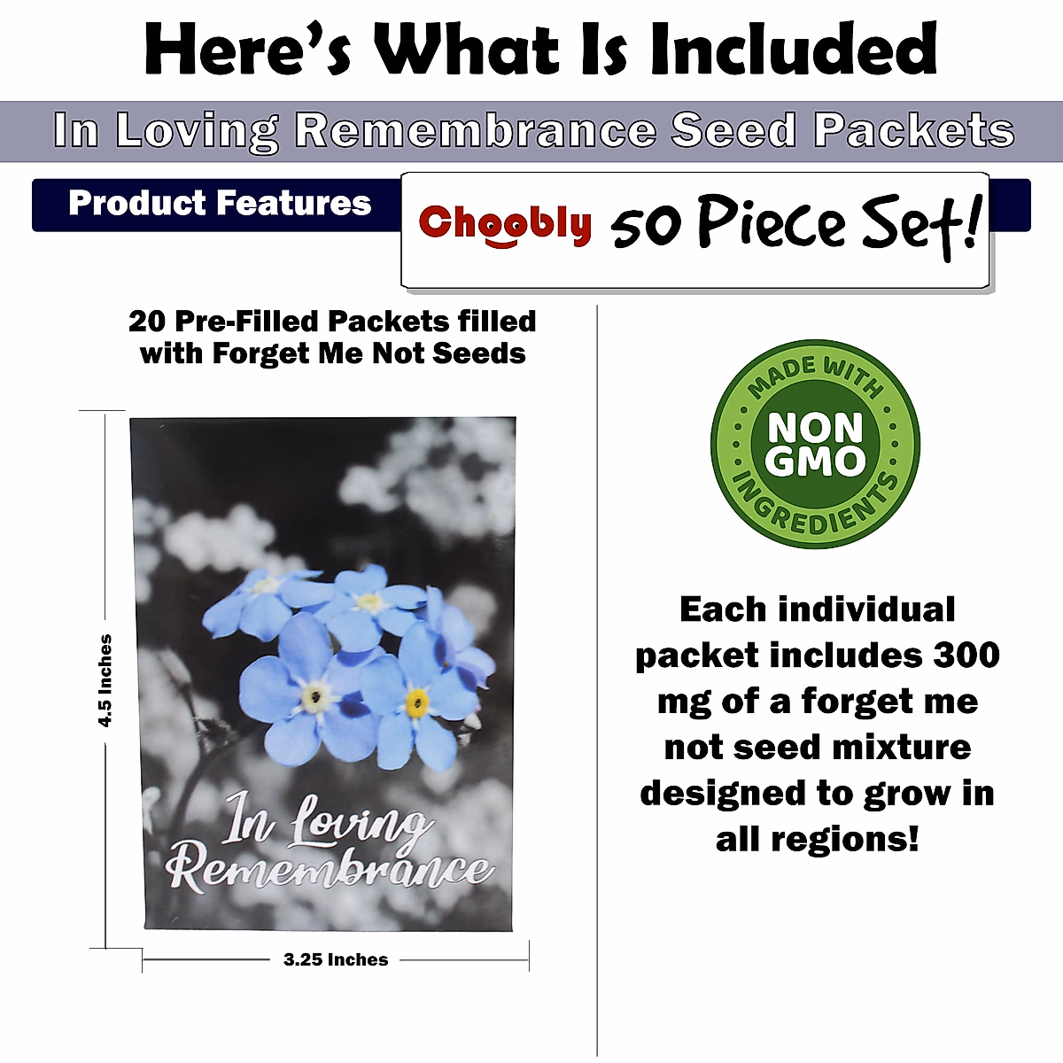 50pc Premium Pre-Filled Forget Me Not Seeds Packets ''in Loving Remembrance'' Funeral Favors for Guests, Celebration of Life Decorations, Forget Me Not Seeds Packets, Sympathy, pre Seed, Service