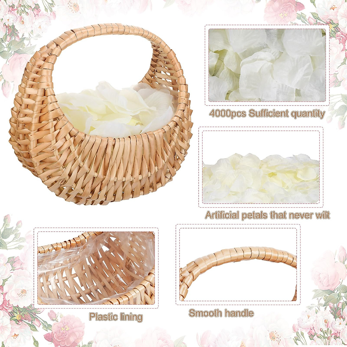 Uiifan 4 Sets Weddings Flower Girl Baskets with 4000 pcs Artificial Silk Rose Petals and Woven Wicker Rattan Basket with Handle and Flower Petals for Bridal Anniversary Party Decoration(Brown)