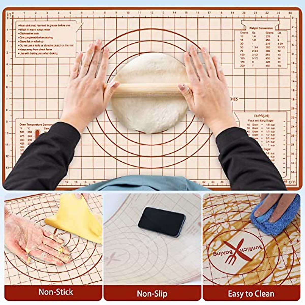 Silicone Baking Mat, Non Stick Pastry Mat with Measurement,26" x 16" Extra Thick Large Rolling Dough Mat Sheet, Counter Mat,Food Grade Pizza, Fondant, Macarons,Cookies Mat, Baking Supplies for kitchen