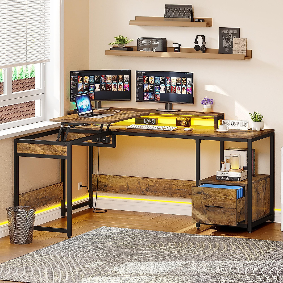 YITAHOME L Shaped Desk with Power Outlets & LED Lights, 65" Corner Computer Desk with File Drawer & Lift Top, Home Office Desk Height Adjustable Desk with Monitor Stand, Rustic Brown