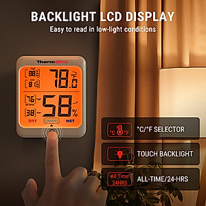 ThermoPro TP53 Digital Hygrometer Indoor Thermometer for Home, Temperature Humidity Sensor with Comfort Indicator & Max Min Records, Backlight Display Room Thermometer Humidity Meter, LCD