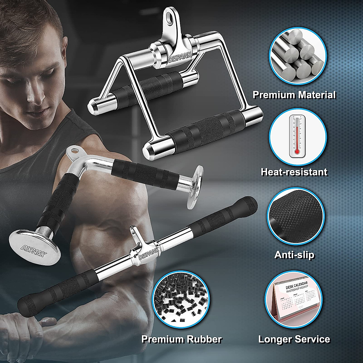 DISPANK Cable Machine Attachments Pull Down Attachments Set, LAT Pull Down Accessaries, Tricep Rope, V-Shaped Bar, Rotating Straight Bar and Double D Row Handle Rotating