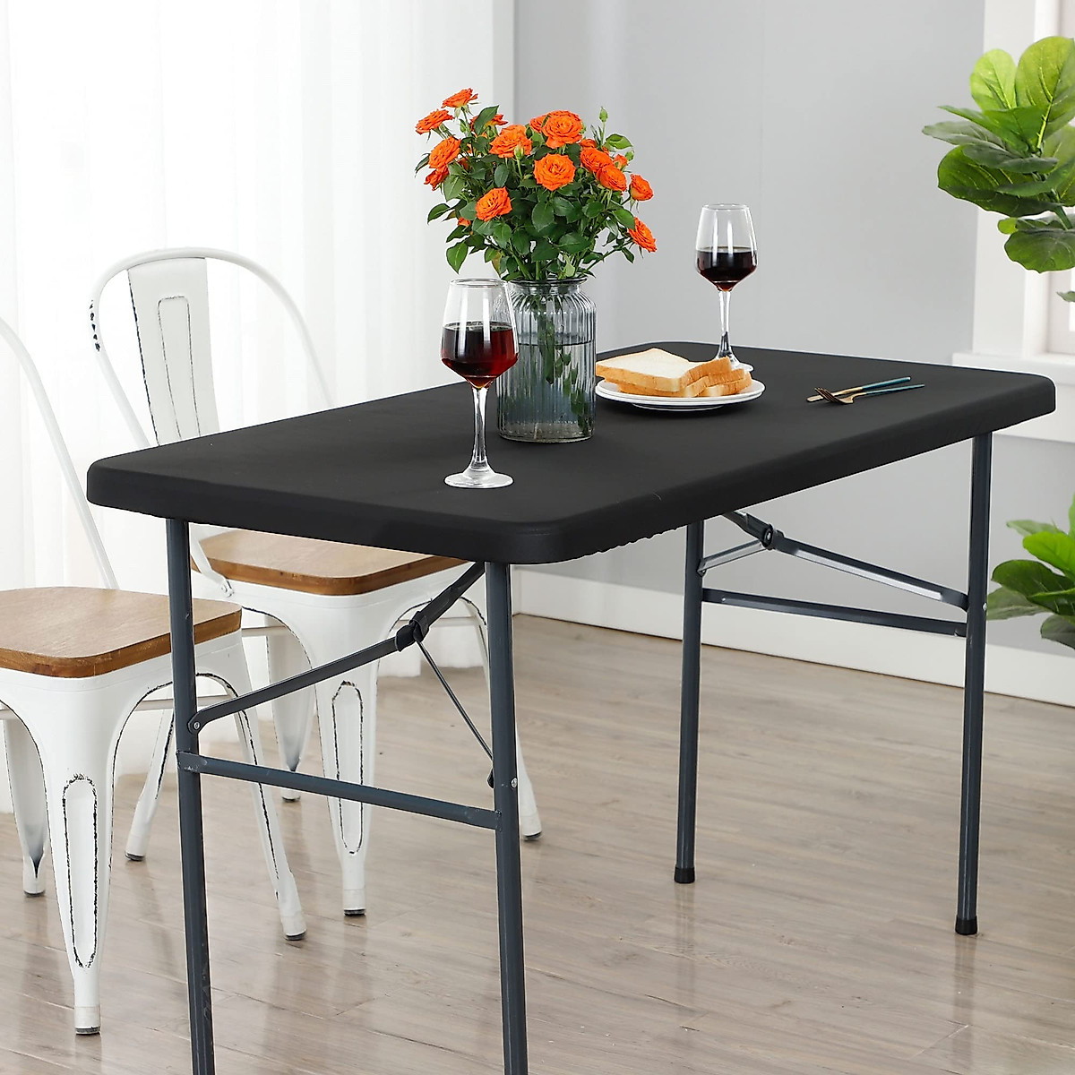 NEWISHER 2 Pack Fitted Tablecloth Rectangle 4ft Elastic Edge Spandex Table Top Cover for Picnic Outdoor Camping Park Patio Black 23 x 48 inch