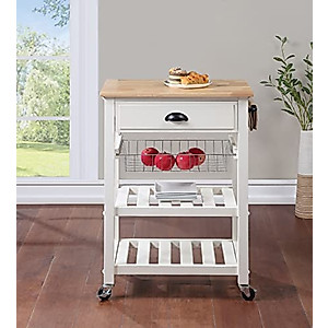 OS Home and Office Furniture Model HMPNW-11 Hampton Kitchen Cart in White with Solid Rubberwood Top