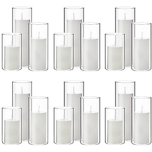 Shihanee 36 Pcs Pillar Candles and Glass Cylinder Vases Cylinder Candle Holders for Slim Pillar Candles Wedding Centerpieces(2.6'' X 4.7'', 5.9'', 7.9'',Clear,White)