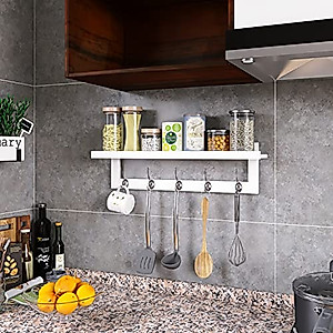 SMIBUY Coat Hooks with Shelf Wall-Mounted, 29.2 Inch Entryway Coat Rack for Wall, Bamboo Hanging Shelf with 5 Double Metal Hooks for Bathroom, Bedroom, Kitchen, Living Room, Mudroom (White)