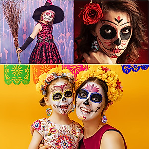 AnyDesign 12Pcs Day of The Dead Halloween Faux Leather Sheets Sugar Skull Skeleton Floral Printed Leather Fabric Sheets Glitter Synthetic Leather for Halloween DIY Craft Earring Hair Bow, 8 x 12"