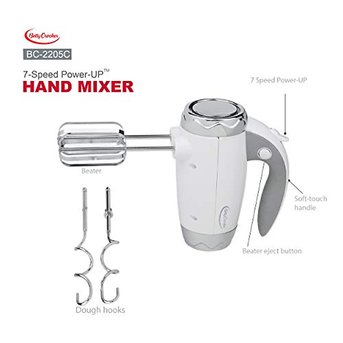 Betty Crocker 7-Speed Power Up Hand Mixer, White, BC-2205C