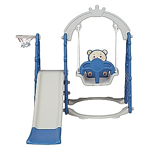 Elesuli 4in1 Toddler Swing and Slide Set Kids Indoor Slide Swing Climber with Basketball Hoop Kid Child Playset Inside Playground Birthday Outdoor Backyard Blue