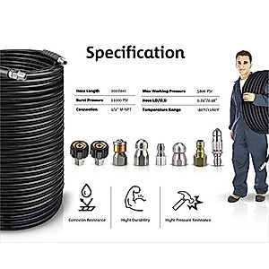 Sewer Jetter kit for Pressure Washer, 200 feet Hose, 1/4 Inch Drain Cleaning Hose,Button Nose & Rotating Sewer Jetting Nozzle,Sewer Jet kit for Pressure Washer,Jetter Hose, 4.5, 5.5, 4000 PSI (Black)