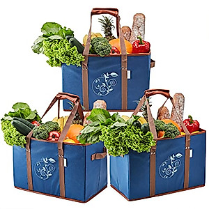 Liviable Reusable Grocery Shopping Bags, Foldable, Heavy Duty Tote, Box Bags with Long Handles and Solid Bottom, Large - Set of 3, Navy Blue