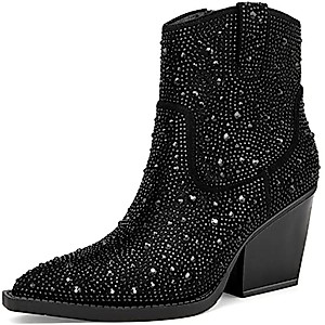 OOHRHN Women's Color Rhinestone Boots Glitter Sparkly Cowboy Booties Chunky Block Heel Pearl Detail Pointed Toe Bridal Wedding Western Ankle Boots Cowgirl Short Boots Black Stone PU Size US 8.5