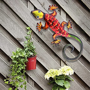 aboxoo Metal Gecko Wall Art Decor Lizard Sculpture Wall Hanging Ornaments Red Garden Decorations Inspirational Sculpture Indoor Outdoor for Home Bedroom Living Room Office Garden，(Red)