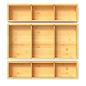 DUJEN Bamboo Drawer Organizer Box 12'' X 12'' X 2' Adjustable 3 Individual Storage Containers Organizer for Kitchen, Bathroom, Office Desk, Makeup,Vanity, Dresser, Pantry
