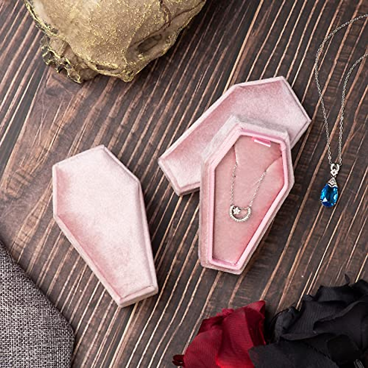 Giftop Velvet Coffin Necklace Box Pendant Case for Accessories Gothic Home Jewelry Organizer Decorations Goth Decor Gifts (Pink)