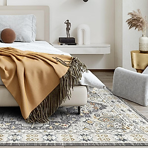 OIGAE Washable Rug 8x10, Vintage Medallion Area Rugs with Non-Slip Backing, Non-Shedding Floor Mat Throw Carpet for Living Room Bedroom Kitchen Laundry Home Office, Light Grey