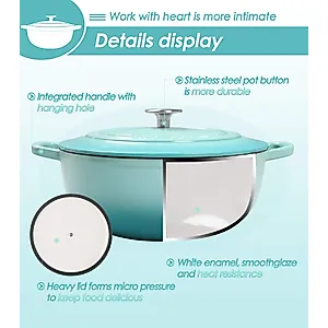 EDGING CASTING Enameled Cast Iron Dutch Oven with Lid, Bread Oven Dual Handle, Cookware Pot, Suitable For Bread Baking, 3.5 Quart, Peacock Blue